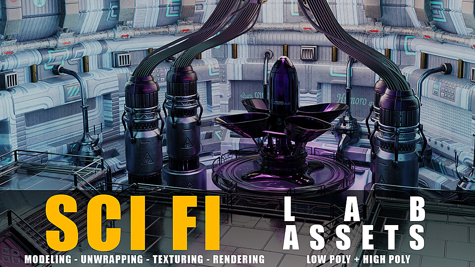 sci fi lab assets low and high poly +texture