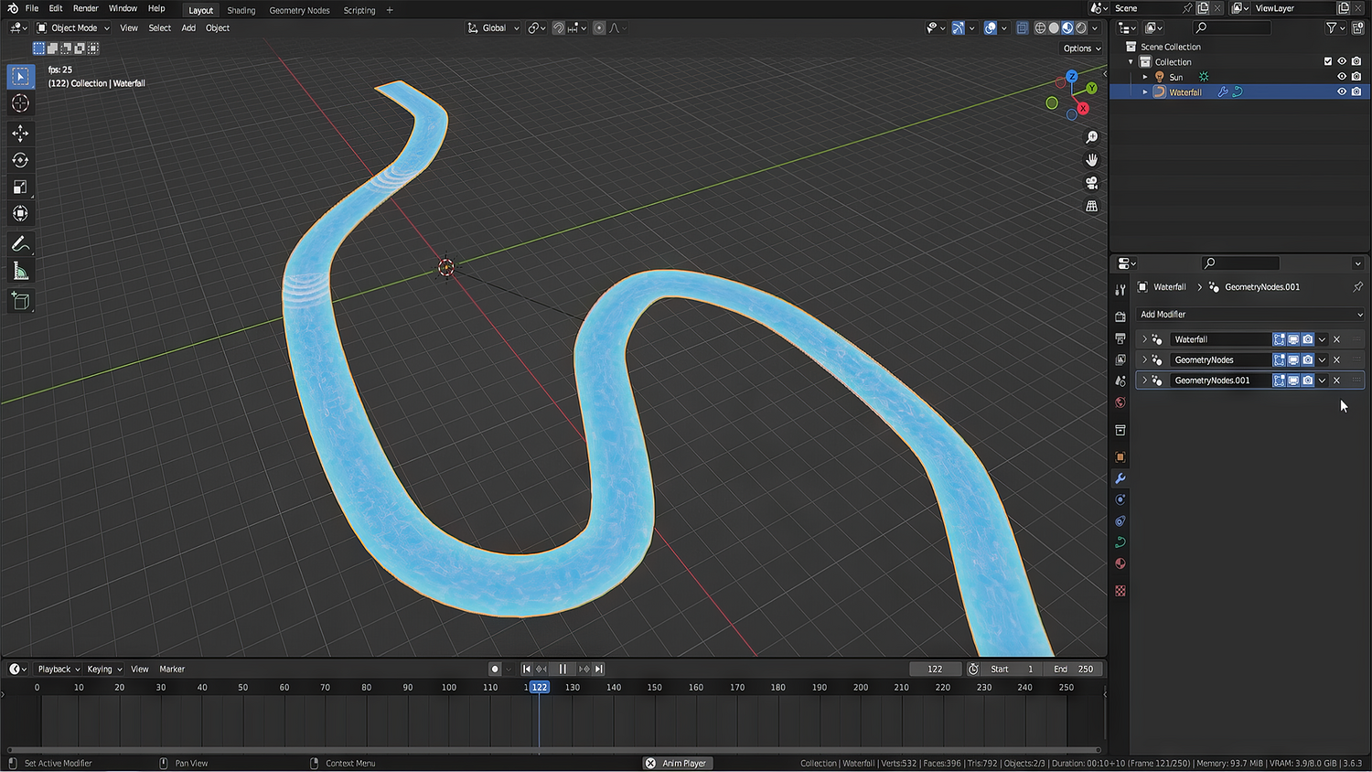 3DT Stylized Waterfall – Blender Geometry Nodes Procedural