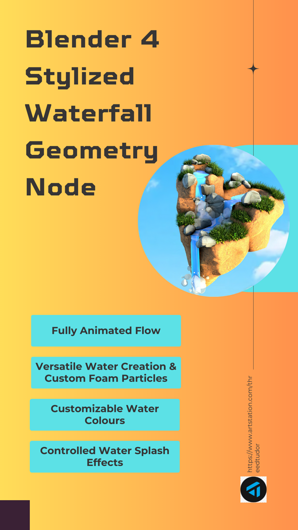 3DT Stylized Waterfall – Blender Geometry Nodes Procedural