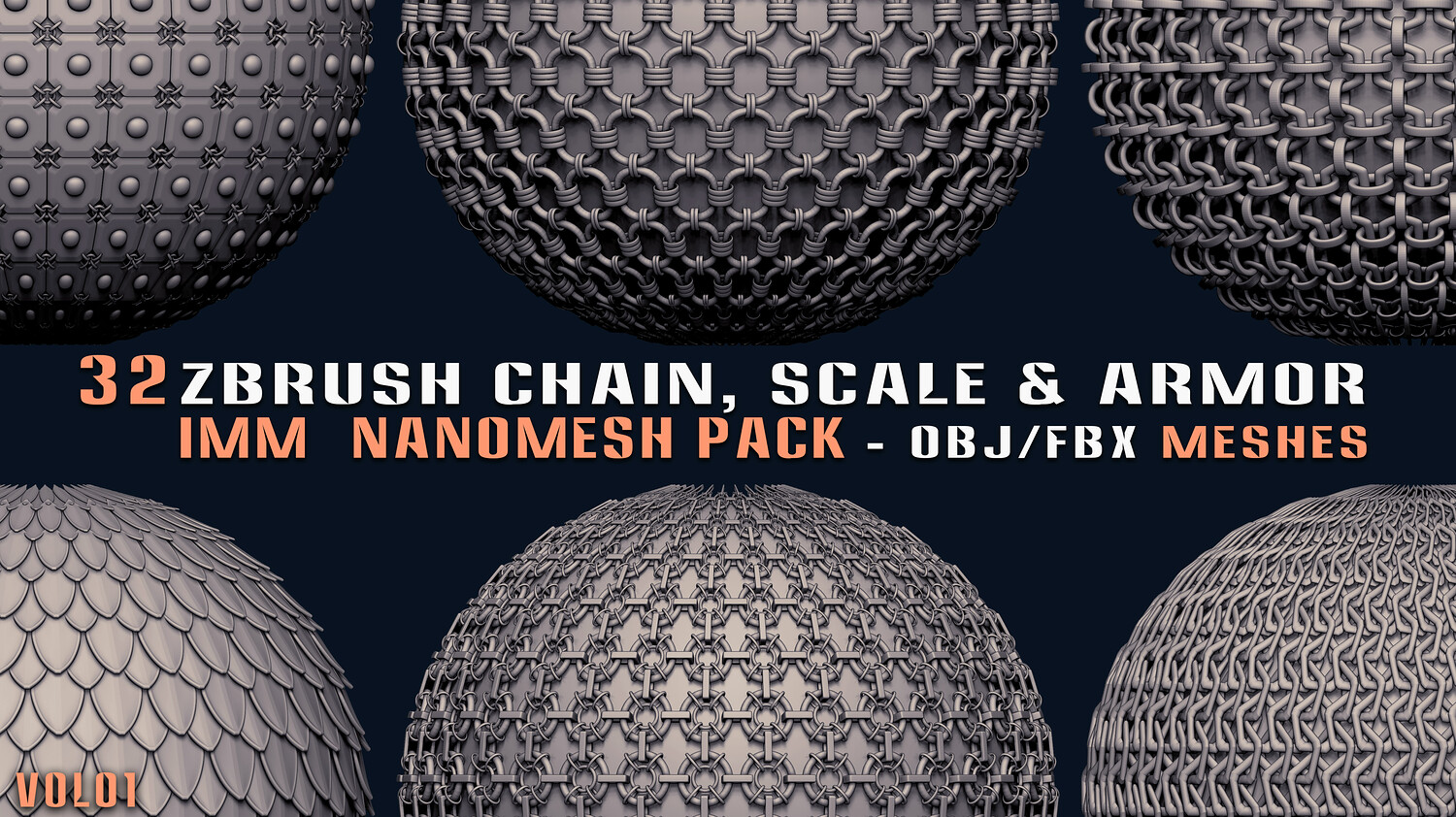 32 ZBrush Chain-Scale-Armor IMM NanoMesh Pack-Vol01