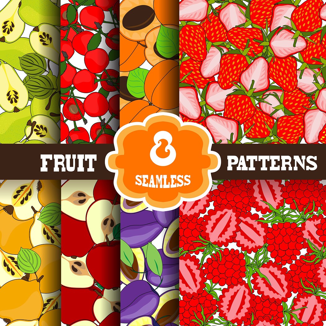 8 Fruit patterns Vector Seamless Texture, EPS File.