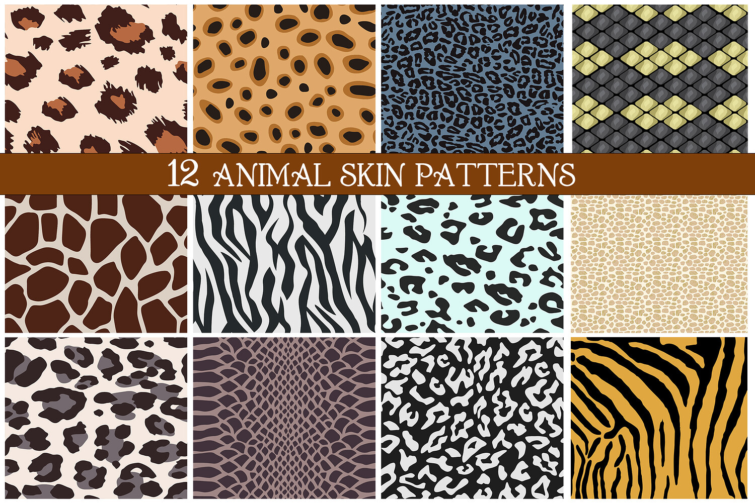 12 Seamless Animal Skin Vector Patterns, Leopard, Snake, Giraffe, Zebra, Cheetah, Tiger Textures